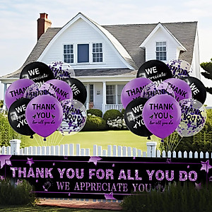 We Appreciate You Decorations Black Purple Appreciate You Banner with 18 pcs Balloons Thank You Yard Sign for Teacher Employee Staff Doctors Nurse Poaster Volunteer Appreciation Week Party Decor