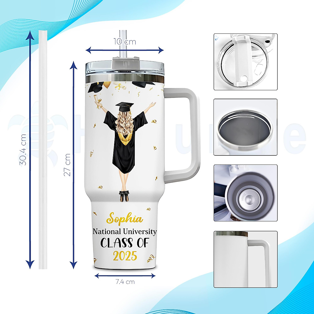 Hyturtle Personalized Graduation Tumbler Class Of 2025 - Graduation Gifts For Her Women - Best Congrats Grad Gifts For College High School Masters Degree - Stainless Steel Travel Coffee Cup With Lid
