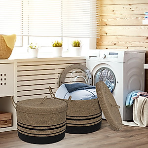 ORGMASTER Laundry Basket with Lid, Woven Cotton Rope Laundry Hamper Foldable Storage Organizer Bin Blanket Basket for Comforter, Cushions, Clothes, Pillows, 20.5x20.5x15 Inch, Deep Brown/Black