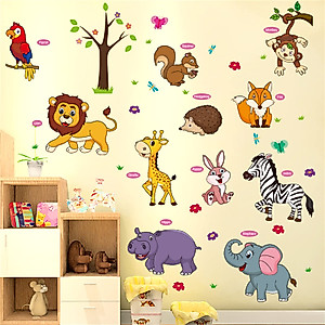Animal Wall Sticker Cartoon Baby Children DIY Art Decal Self-Adhesive Wallpaper Mural Decorate for Living Room TV Sofa Background Bedroom Kids Room Nursery