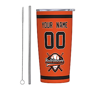 Baltimore Custom Baseball 20oz Tumbler,Add Personalized Name And Number,Personalized Travel Coffee Mug, Stainless Steel, Insulated, Keep Drinks Cold And Hot,Gifts For Baseball Fans