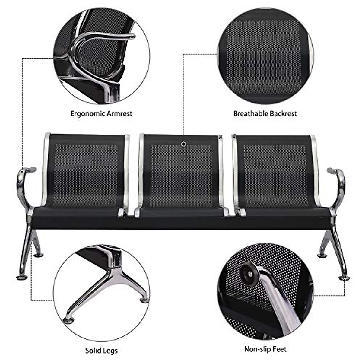 Kinsutie Waiting Room Chair with Arms 3-Seat Airport Reception Bench for Business Hospital Market, Black