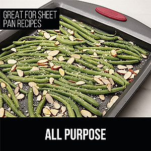 Gorilla Grip Cookie Sheets For Baking, 17.3x11.75 Inch, Set of 2, Large Non Stick Pans, Stays Flat in Oven, Perfect for Sheet Pan Meals, Easy Clean Up, Cooking Tray With Silicone Handles, Red