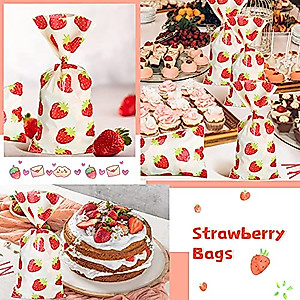 100 Pieces Strawberry Treat Bags Strawberry Cellophane Party Bags Strawberry Plastic Goody Candy Bags with 200 Red Twist Ties for Strawberry Themed Party Birthday Party Decoration Supplies
