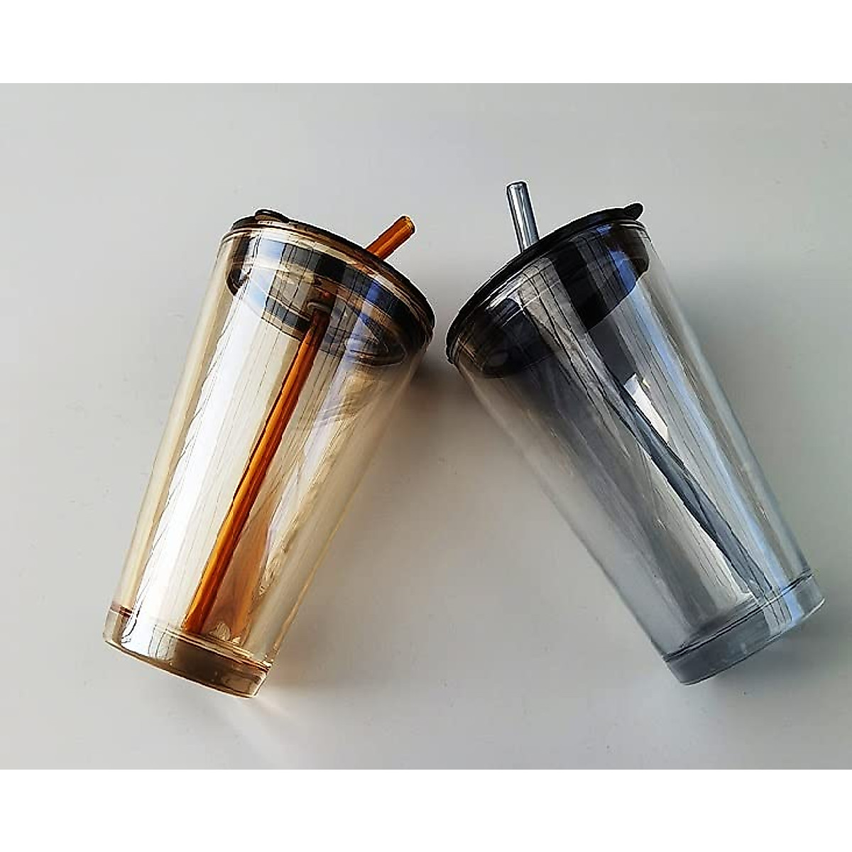 RYUHYF Straw cup, coffee cup, glass with straw and lid, double drink cup, milk cup, tea cup, ice coffee cup, car cup,set of 1 (16oz, Amber)