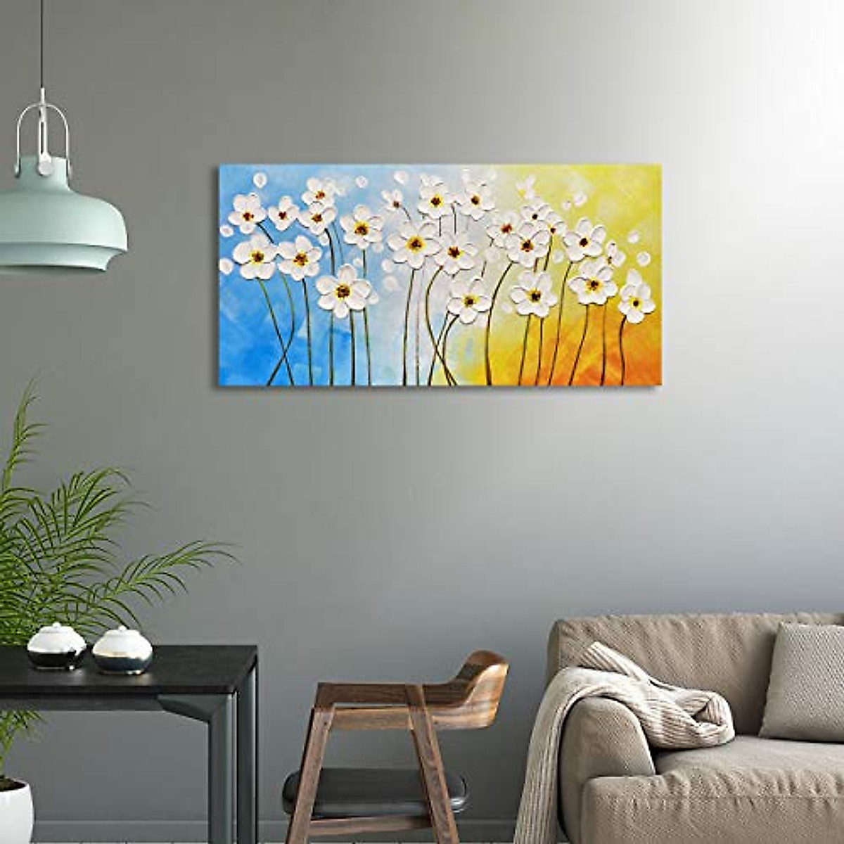 Muzagroo Art Hand Painted Dancing White Flowers Pallet Knife Oil Painting with Raised Texture on Canvas Modern Floral Wall Art for Living Room Bedroom Decor Ready to Hang