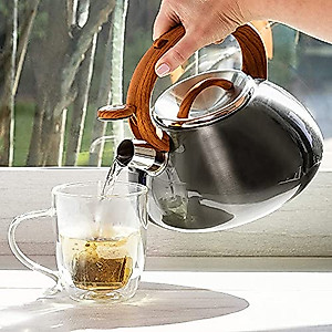 Primula Avalon Whistling Stovetop Tea Kettle, Food Grade Stainless Steel Wide Mouth, Fast to Boil, Cool Touch Handle, 2.5-Quart, Gunmetal Grey and Wood-Look