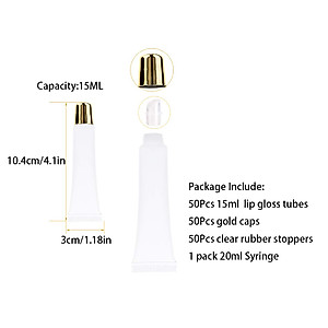 KCD 50Pcs Lip Gloss Tubes, 15ml Gold Top Lip Gloss Containers Empty, Refillable Soft Cosmetic Squeeze Tubes for DIY Lip Gloss Balm Cosmetic with Free Syringe (Gold)