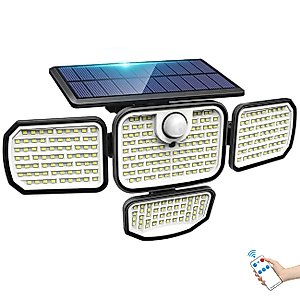 Solar Lights Outdoor Motion Sensor, 286 LED 3000 LM Solar Security Lights with Remote Control, IP65 Waterproof,4 Heads Solar Flood Lights with 3 Modes for Front Door Backyard Garage Deck