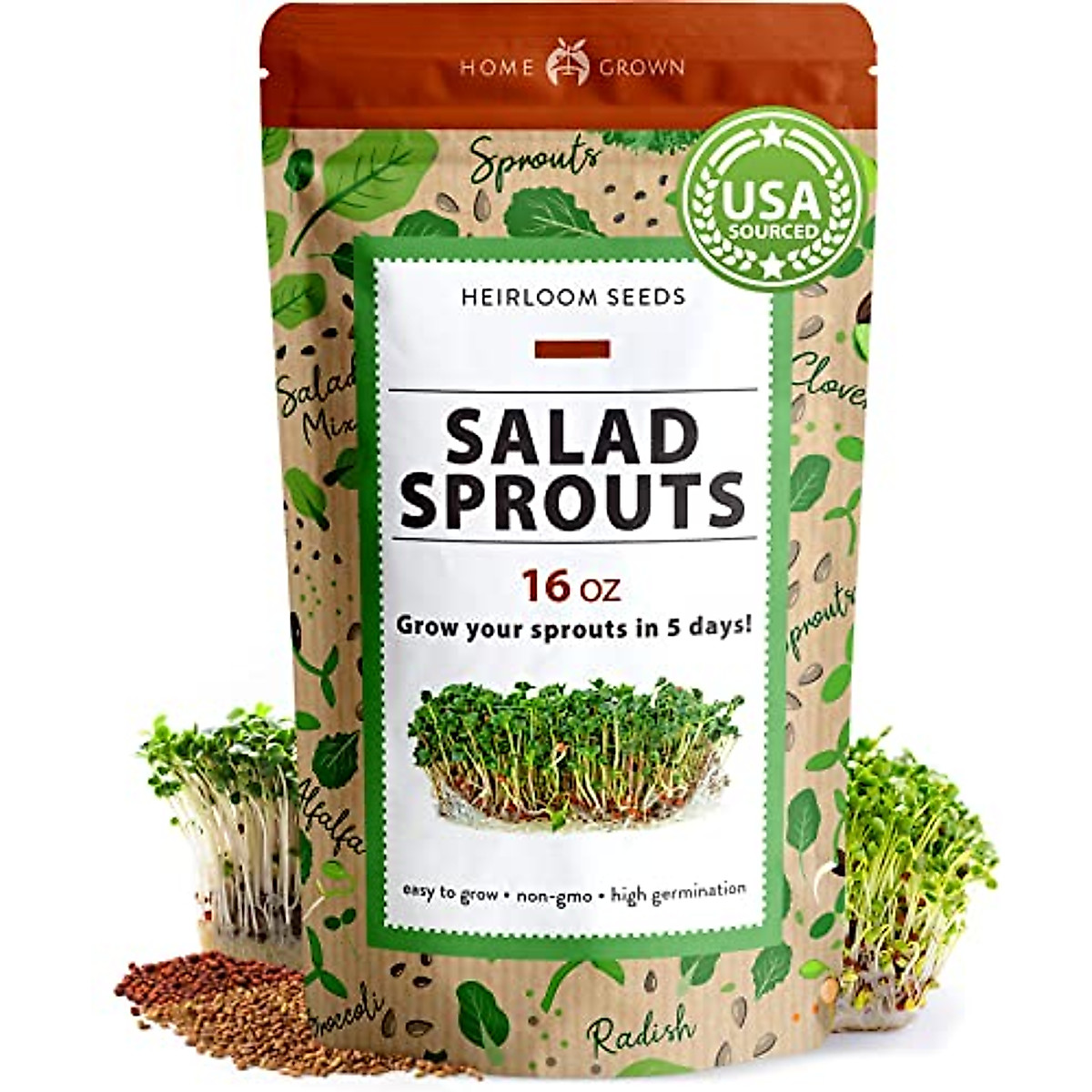 Sprouts and Microgreens Seeds Bulk Mix (16oz): Broccoli, Alfalfa, Radish, Clover Seeds for Sprouting - Grow Healthy Non-GMO Micro Greens - Sprout Seeds Variety Pack - Even Spread of Varieties