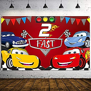 PANTIDE Race Car 2nd Birthday Party Backdrop Decoration, Two Fast Photography Background Banner, Large Poster Party Photo Props Wall Décor, Let’s Go Racing Party Supplies for Baby Boys Two Years Old