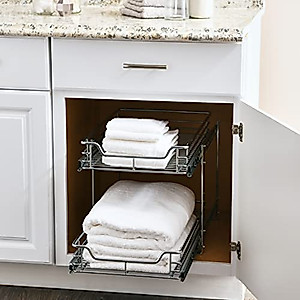 Household Essentials C21521-1 Glidez Dual 2-Tier Sliding Cabinet Organizer, 14.5" Wide, Chrome & C26512-1 Glidez Under Sink Sliding Organizer | Pull Out Cabinet Shelf | Chrome | 12.5 Inches Wide