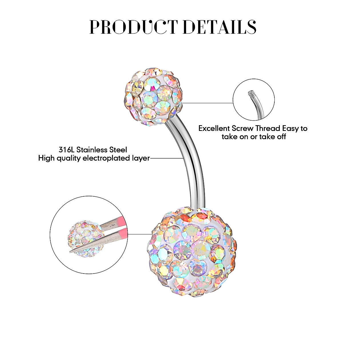 Junkin 20 PCS 14G 316L Stainless Steel Dangle Belly Button Rings Silver Rhinestone Belly Button Jewelry Navel Piercing Belly Jewelry for Women