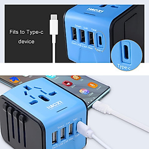 Travel Adapter, HAOZI Universal Travel Adapter - 3 USB + 1 Type C in One Travel Charger with UK/US/AUS/EU Plugs and Socket, International Power Adapter Wall Charger (Type-c Blue)
