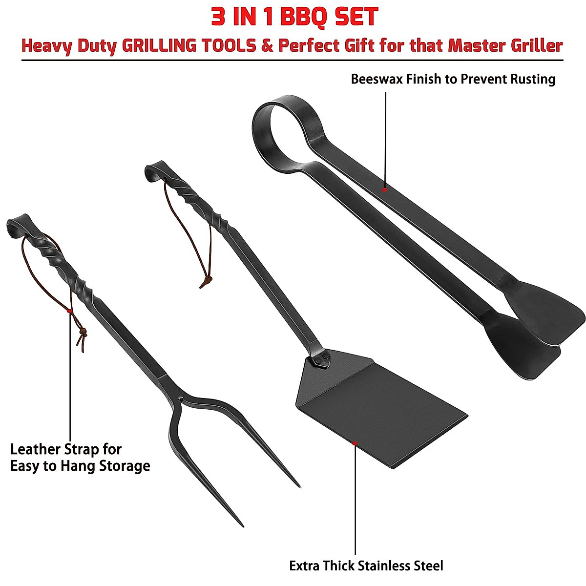 Heavy Duty Forged Utensils BBQ Grill Tool Sets, Blacksmith Hand Forged Grill Tools, Extra Thick Stainless Steel Spatula, Fork and Tongs, for Master Griller,3 Pack
