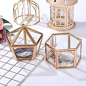 Funerom 4.1x2.5 inch Vintage Glass Jewelry Box Wedding Engagement Ring Dish DisplayTrinket Keepsake Box Hexagon Antique Gold
