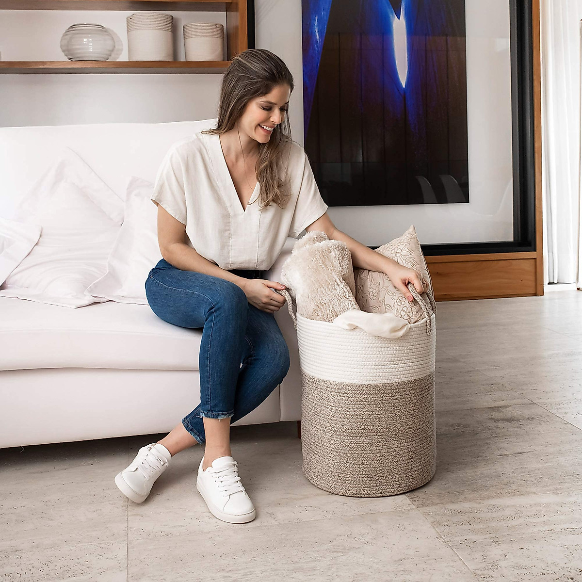 OrganiHaus Brown Toy Basket for Storage 15x18, Baby Laundry Basket, Throw Blanket Basket for Living Room, Large Woven Baskets for Storage, Tall Basket, Towel Basket & Blanket Holder for Bedroom