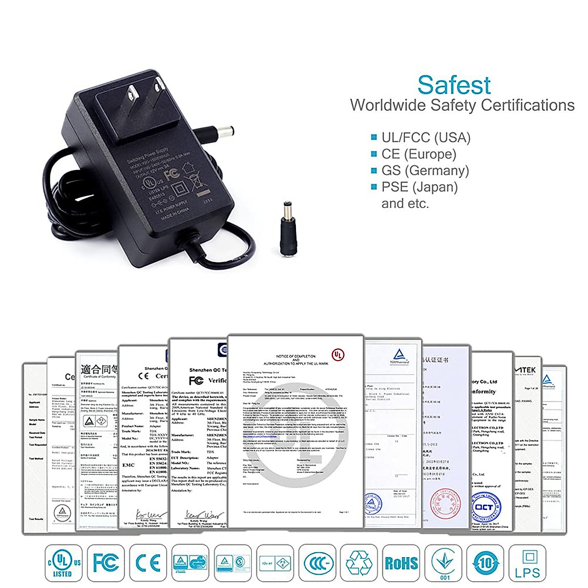 [UL Listed] MIXGOO 12V 3A Power Supply Charger (Input AC 100V-240V, Output DC 12 Volt 3 Amp 36 Watt) Adapter Switching Transformer Converter DC 5.5mm x 2.1mm / 5.5mm x 2.5mm Universal