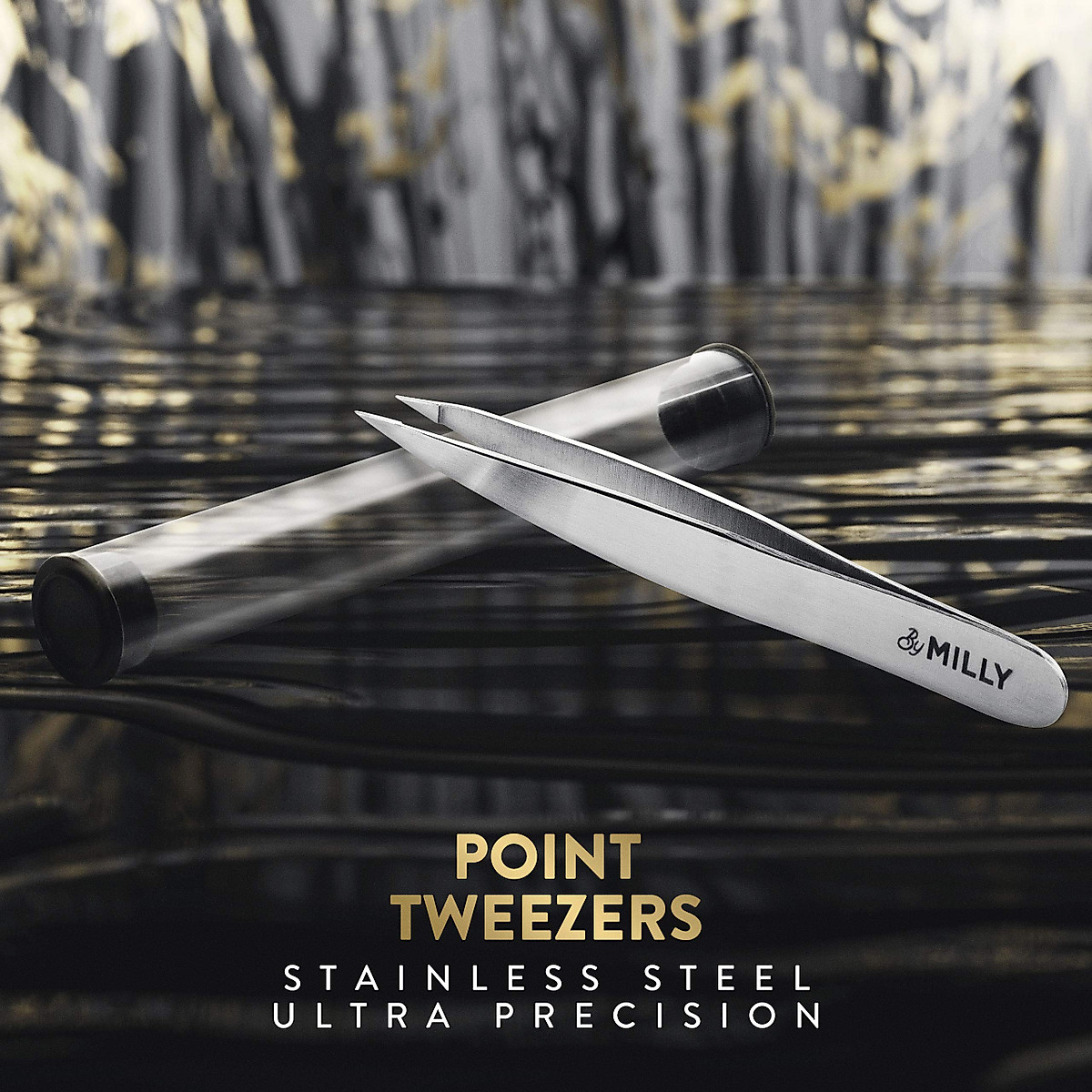 By MILLY Pointed Tweezers | High Carbon Stainless Steel Needle Nose Tweezers | Fine Point Tweezers Precision Hair Removal | Perfectly Aligned & Hand-Filed Sharp Tweezers | Silver