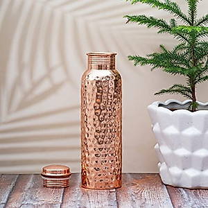 Pure Copper Water Bottle - 34 oz Leak Proof Joint Less Indian Ayurveda Health Benefit Water Drinking Carafe Drink More for Healthy Lifestyle - Hammered - 1000 ML