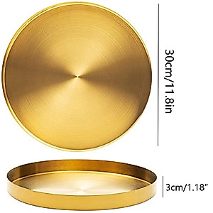 Exxacttorch 12 Inch Gold Round Metal Decorative Tray Stainless Steel Golden Serving Tray Brass Circle Table Platter Tray for Bathroom Vanity Counter Desktop Dinner Table
