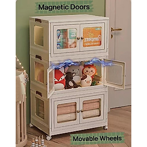 Storage Bins,Plastic Storage Containers with Lids, 8.55Gal Foldable Storage Cabinet, 34QT Collapsible Storage Bins with Doors, Clear Storage Box for Toy, Stackable Storage Bin with Wheels(3 Pack)