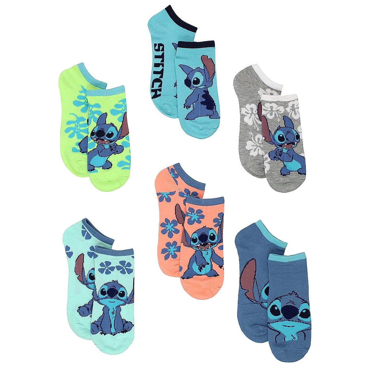 Disney Lilo & Stitch Womens 6 pack Socks (Large (9-11), Stitch Blue)