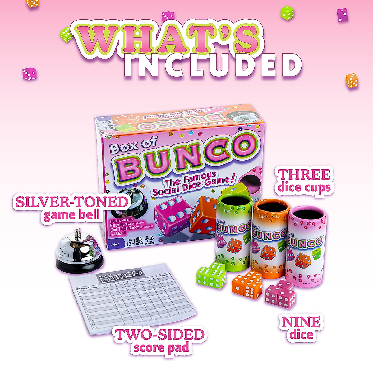 Continuum Games Box of Bunco Game Party Box for Ladies Night with The Girls, Adult Games for 2-12 players with 3 Sets of Bunco Dice, Bell, and Score Pad for Ladies Night Games, Bunco Gifts for Women