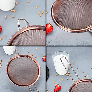 Copper Fine Mesh Strainer 3 Pieces Set, Rose Gold Flour Sifter For Baking, Stainless Steel Clander, Copper Matcha Tea Strainer, Gravy Separator, Stasher Sieve Pasta Strainers