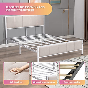Mixoy Cal King Metal Bed Frame, Linen Platform Bed Frame with Upholstered Headboard, Heavy Duty Metal Mattress Foundation, Strong Metal Slat Support, No Box Spring Needed (Cal King/Beige)
