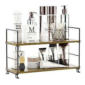 zeochyni 2 Tier Bathroom Countertop Organizer, Bamboo Vanity Tray Makeup Shelf Skincare Perfume Organizer or Kitchen Spice Rack for Countertop Storage (Black & Brown)