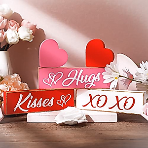 5 Pcs Valentine's Day Decorations Wooden Heart Blocks Signs Hugs Kisses Valentines Sign Decorations Gift Tiered Tray Decor Wood Heart Shape Wedding Decorations for Home Farmhouse (Heart)