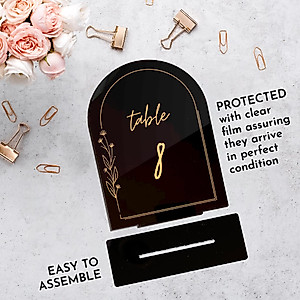 1-10 Black Arched Acrylic Wedding Table Numbers, Gold Print Acrylic Table Numbers for Wedding Reception with Head and Gift Table Number, Floral Gold Table Numbers, Gold Floral Design Table Numbers