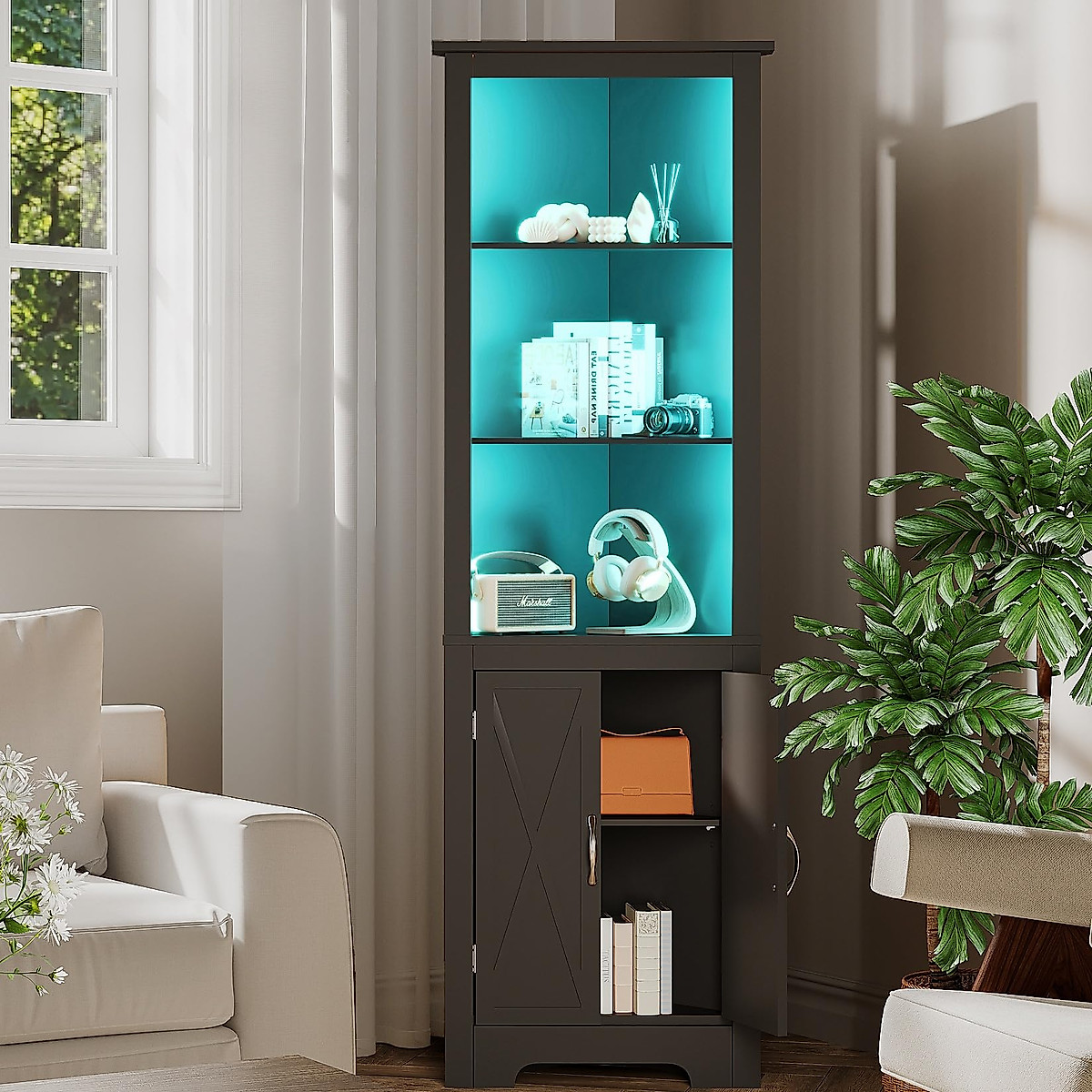 ChooChoo Tall Corner Storage Cabinet with LED Lights, 5-Tier Corner Bookshelf Stand with Barn Doors, 66.9" Gothic Corner Display Cabinet with Adjustable Shelf for Living Room, Gaming Room, Black