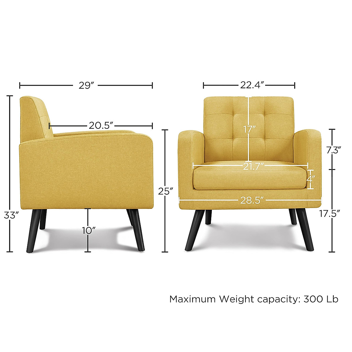 Yaheetech Mid-Century Accent Chairs, Modern Upholstered Living Room Chair, Cozy Armchair Button Tufted Back and Wood Legs for Bedroom/Office/Cafe, Set of 2, Yellow