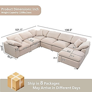Tmsan 130.3" Oversized Cloud Sofa Couch Set for Living Room, Modern Convertible U Shaped Sectional Couch Large 7 Seater Chenille Corner Sofa with Ottoman for Apartment Office Spacious Space (Beige)