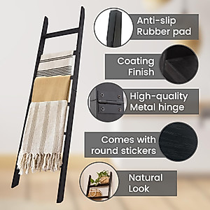 HYBDAMAI Blanket Ladder, 6-Tier Wooden Quilt Stand, Decorative Ladder Shelf, Leaning Shelf, Wall Leaning Blanket Ladder Towel Storage Rack for Living Room (Black)