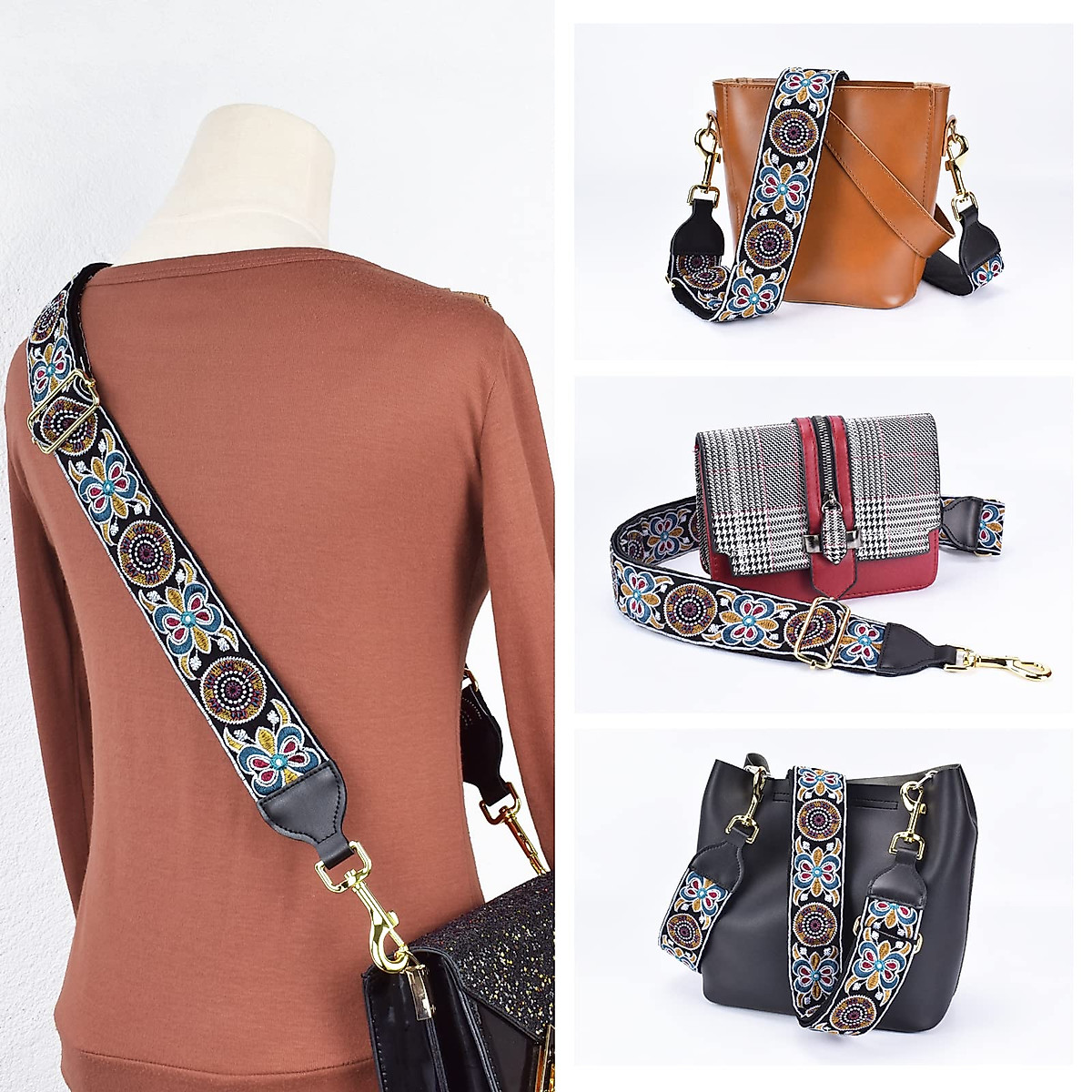 CLOUDMUSIC Handbag Strap Replacement Crossbody Strap Purse Strap for Women Girls(Embroidered Butterfly In Black)