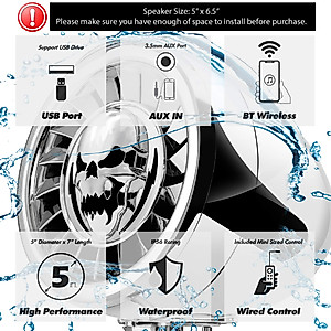 GoHawk AS5-X All-in-One 600W Built-in Amplifier 5 in. Full Range Waterproof Bluetooth ATV RZR UTV Stereo Speakers Audio Amp System AUX USB, 1.5 to 2" Rollcage Bar Polaris 4 Wheeler Can-Am