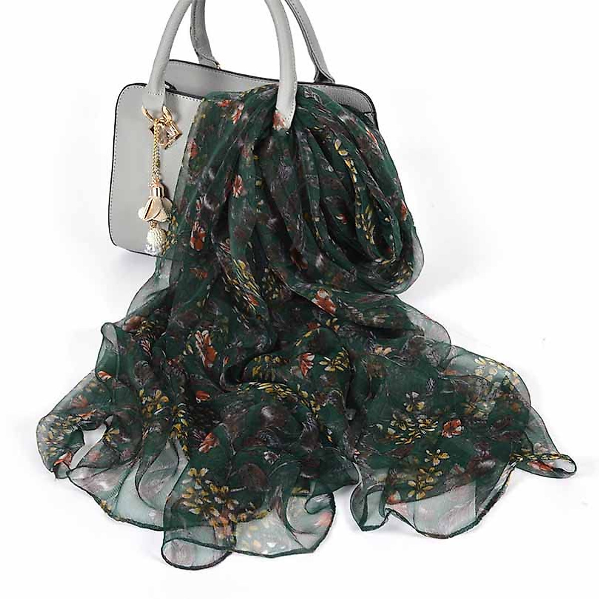 Green Silk Scarf Shawl Women Fall Winter Long Scarves Accessory Floral Design Neck Scarf Jujube red DFS11