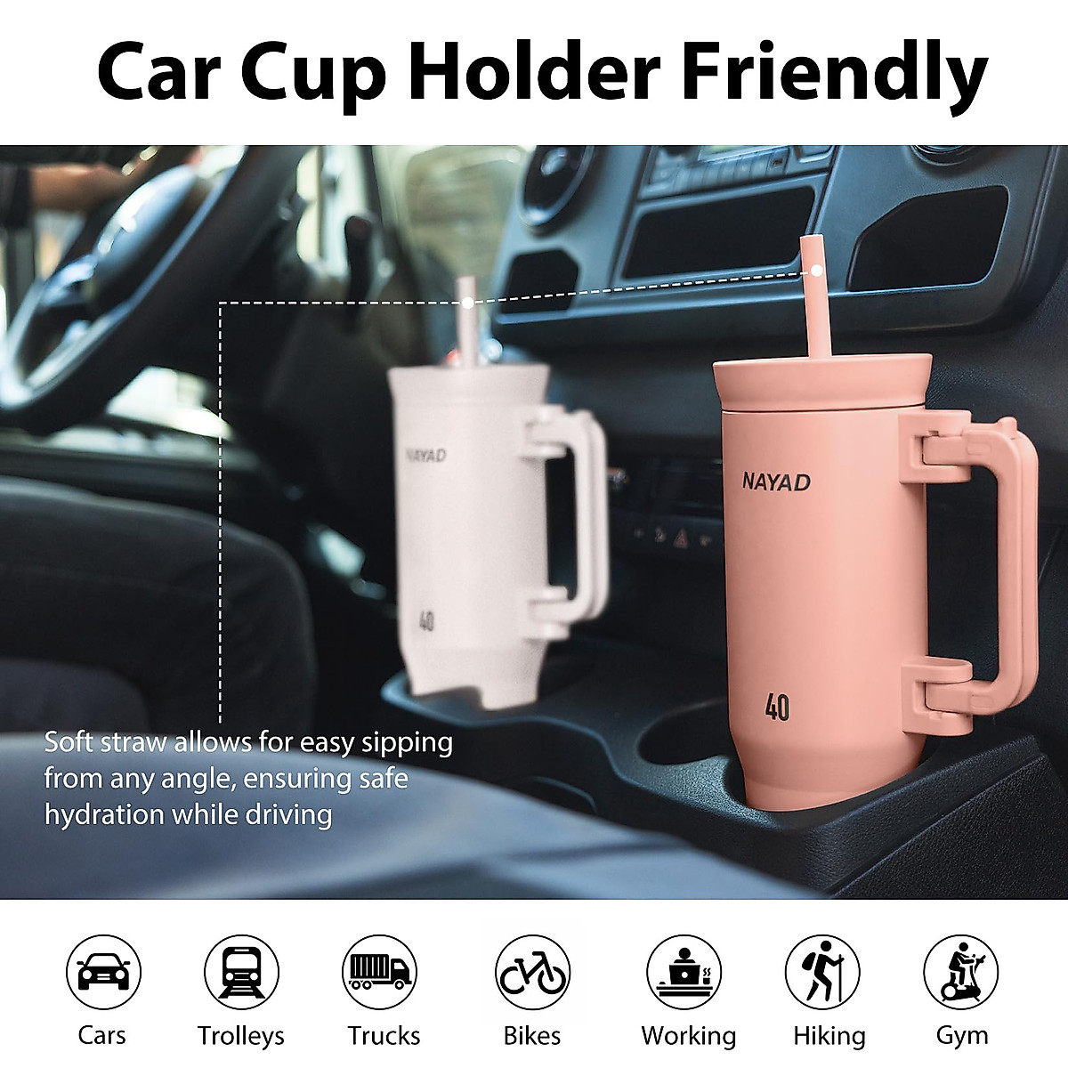 NAYAD 40oz Tumbler with Handle and Straw, Insulated Stainless Steel Travel Mug with Flip Lid & Straw Lid, Coffee Travel Mug Holder Compatible for Travel, Holiday Gift with Foldable Handle,pink tumbler