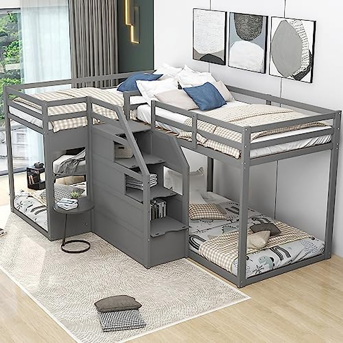 Harper & Bright Designs L Shaped Bunk Bed for 4, Wood Quad Bunk Bed with Stairs, for Kids Teens Adults (Gray)