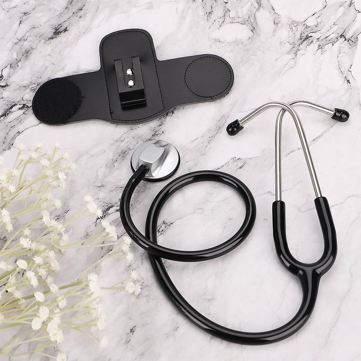 Stethoscope Holder, Soft Leather Stethoscope Holster with Clip Easy to Pick & Carry Stethoscope Accessories for Physicians, Nurses, EMT Stethoscope Holder Hip Clip for Belt Pants Waist Pocket (Black)