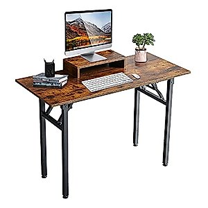43.3'' Folding Computer Desk with Extra Monitor Stand Riser, Home Office Writing Study Desk Workstation, Folding Computer Tables for Small Places, No Assembly Desk, Rustic Brown