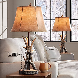 John Timberland Boone Rustic Western Table Lamps 27.5" Tall Set of 2 with USB Charging Port Natural Antler Bell Shade Decor for Living Room Bedroom House Bedside Nightstand Home Office