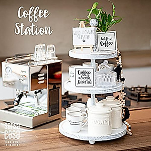 SensaCasa Farmhouse Tiered Tray – 3 Tier Tray – Rustic White Three Tier Tray - Wooden Farmhouse Kitchen Decor – 3 Tier Serving Trays – Wood Round Tiered Stand