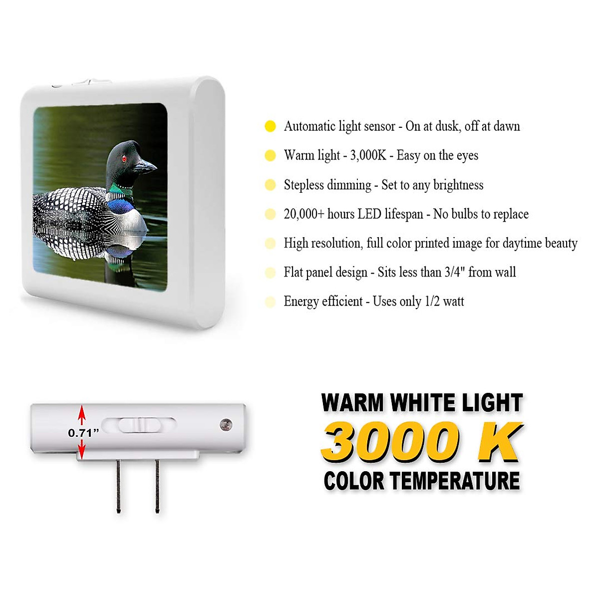 Plug in Dimmable LED Night Light with Dusk to Dawn Auto Sensor, Adjustable Brightness, Warm Light, Auto On-Off Nightlight for Bathroom, Hallway, Nursery, Bedrooms - Loon