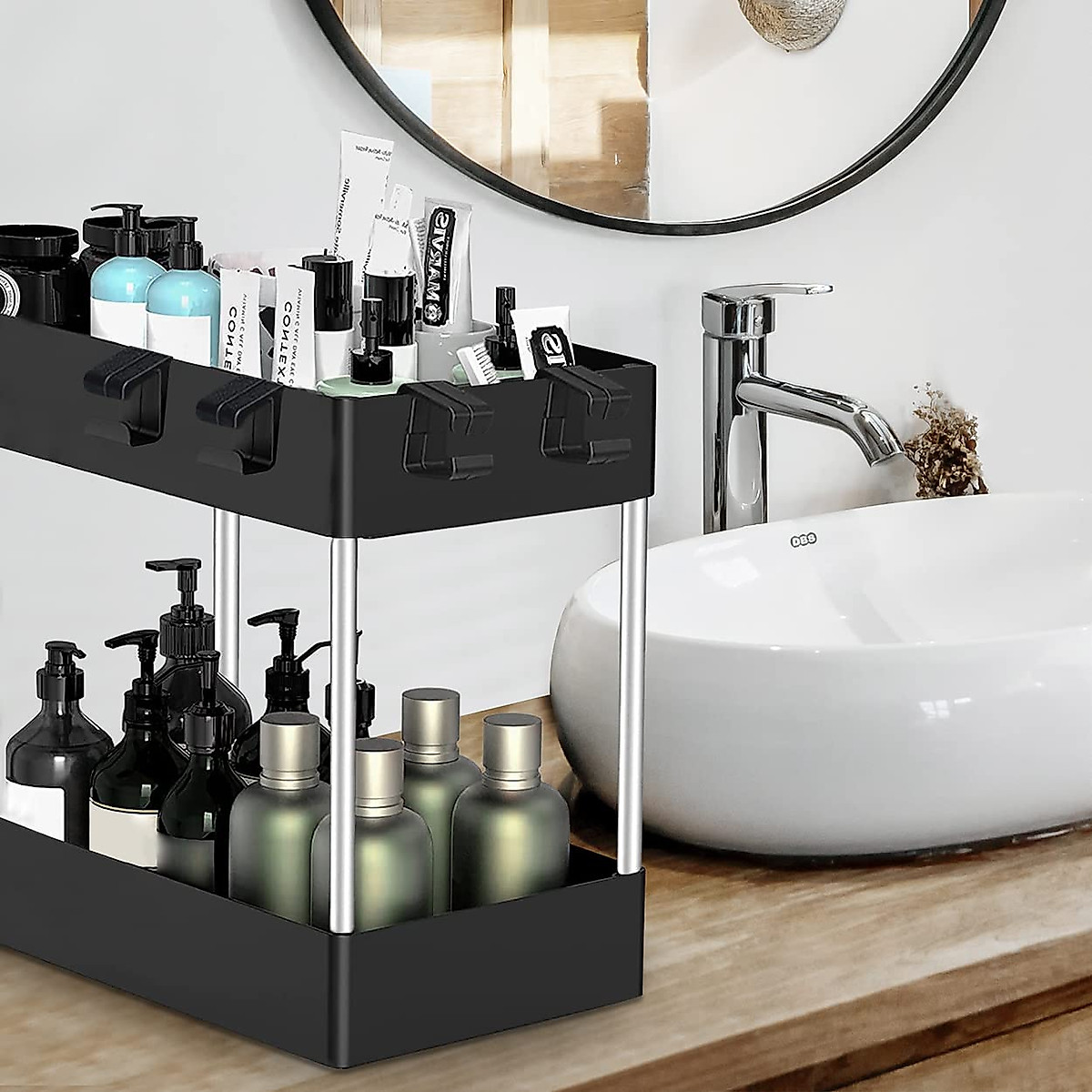 Under Sink Organizers and Storage, 2 Tier Storage Under Cabinet Bathroom Kitchen Organization and Storage with 4 Hooks, Multi-Purpose Under Sink Storage for Bathroom Kitchen, Black