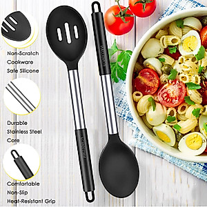 FONGLUAN Kitchen Utensils, Set of 4, Silicone Cooking Utensils Set with Stainless Steel Handle, Turner/Spatula, Spoons, Pasta Fork - Heat Resistant, Nonstick Cookware, Dishwasher Safe, Black
