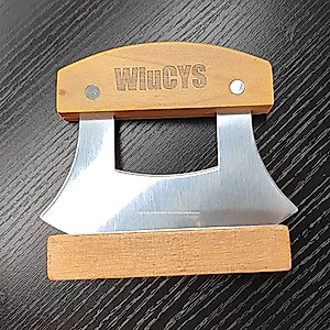 WiuCYS 5inch Alaskan Mezzaluna Ulu Knife, Salad Veggies Rocker Chopper Slicer Cutter Chef Hashing Chopping Mincing Knives Cleaver with Wooden Stand Sheath Arthritic Tool